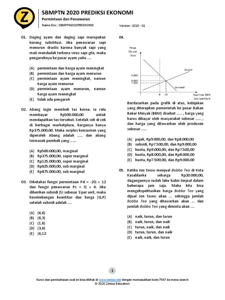 Latihan Soal - Permintaan Dan Penawaran-SBMPTN2020PREEKO998 | PDF