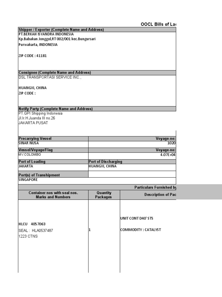 DSL Transportasi Service Inc.,: OOCL Bills of Lading | PDF