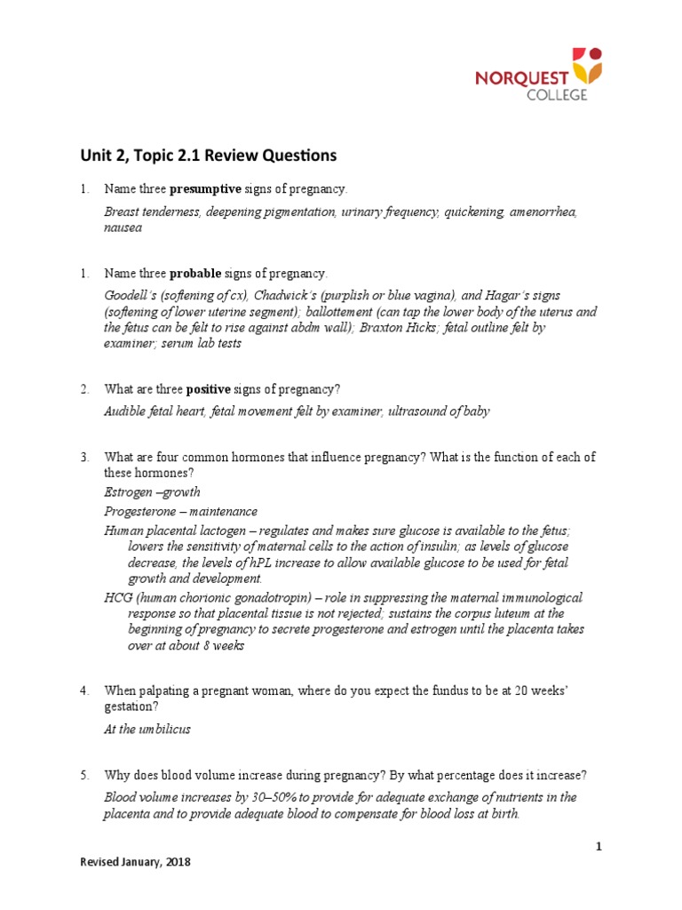 Unit 2 Topic 2.1 Review Answer Key | PDF | Fetus | Pregnancy