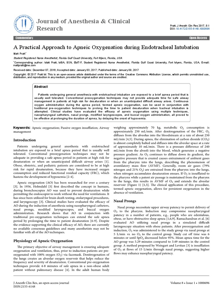A Practical Approach To Apneic Oxygenation During Endotracheal ...