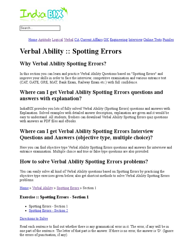 Verbal Ability:: Spotting Errors | PDF | Question | Graduate Record Examinations