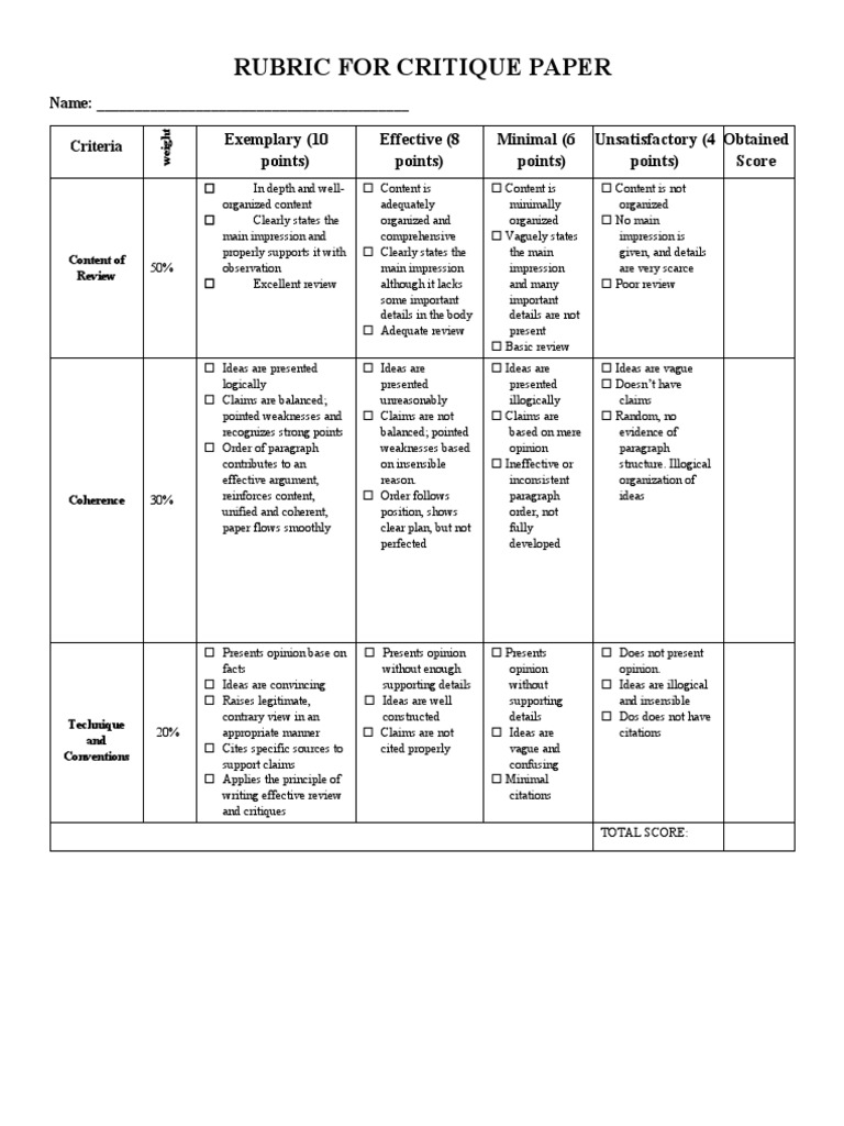 Critique Paper Rubric | PDF Critique Paper Rubric | PDF