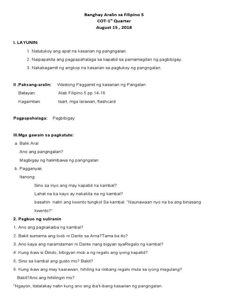 Banghay Aralin Sa Filipino 5 | PDF