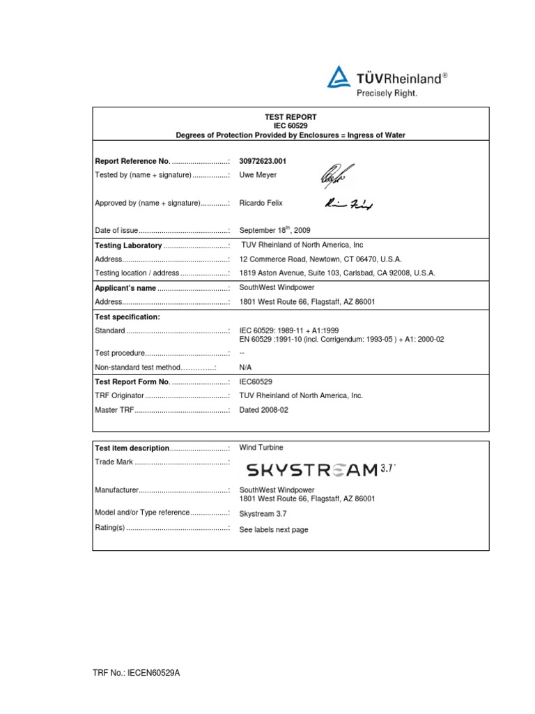 IEC 60529 Test Report for Wind Turbine | PDF | Electrical Engineering ...