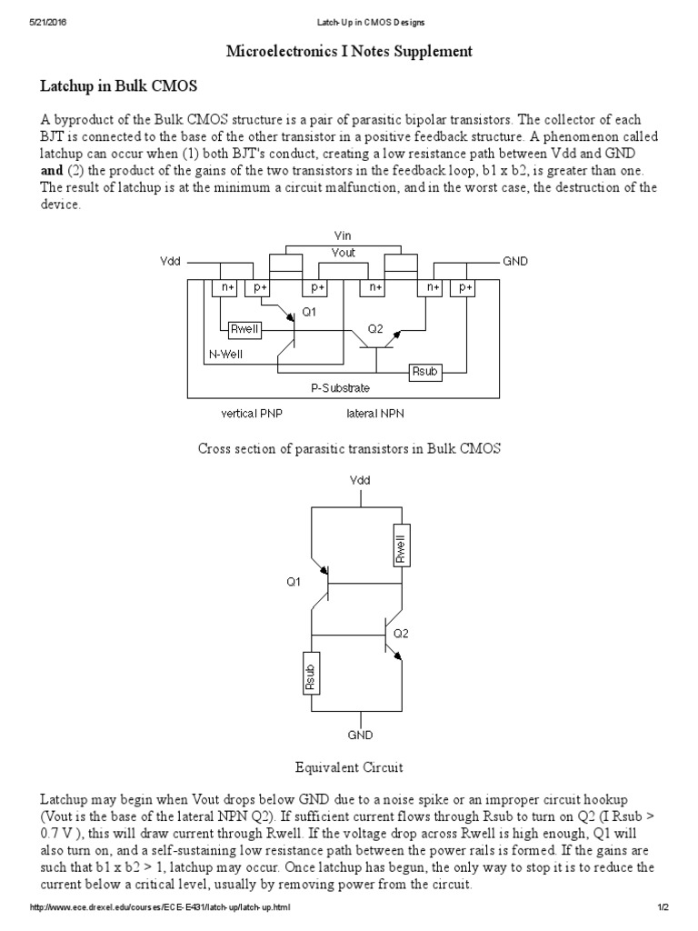 Microelectronics I Notes Supplement Latchup in Bulk CMOS | PDF ...