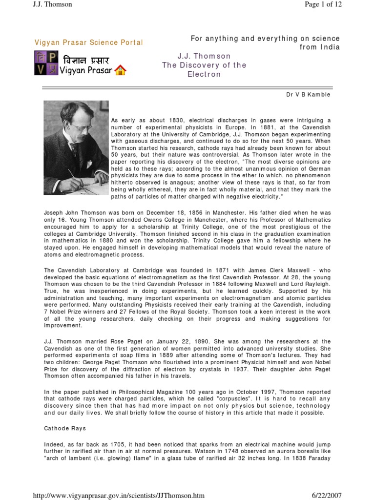 J.J. Thomson | PDF | Electron | Photoelectric Effect