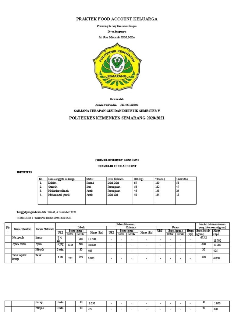 Praktik Food Account Keluarga 2020 | PDF