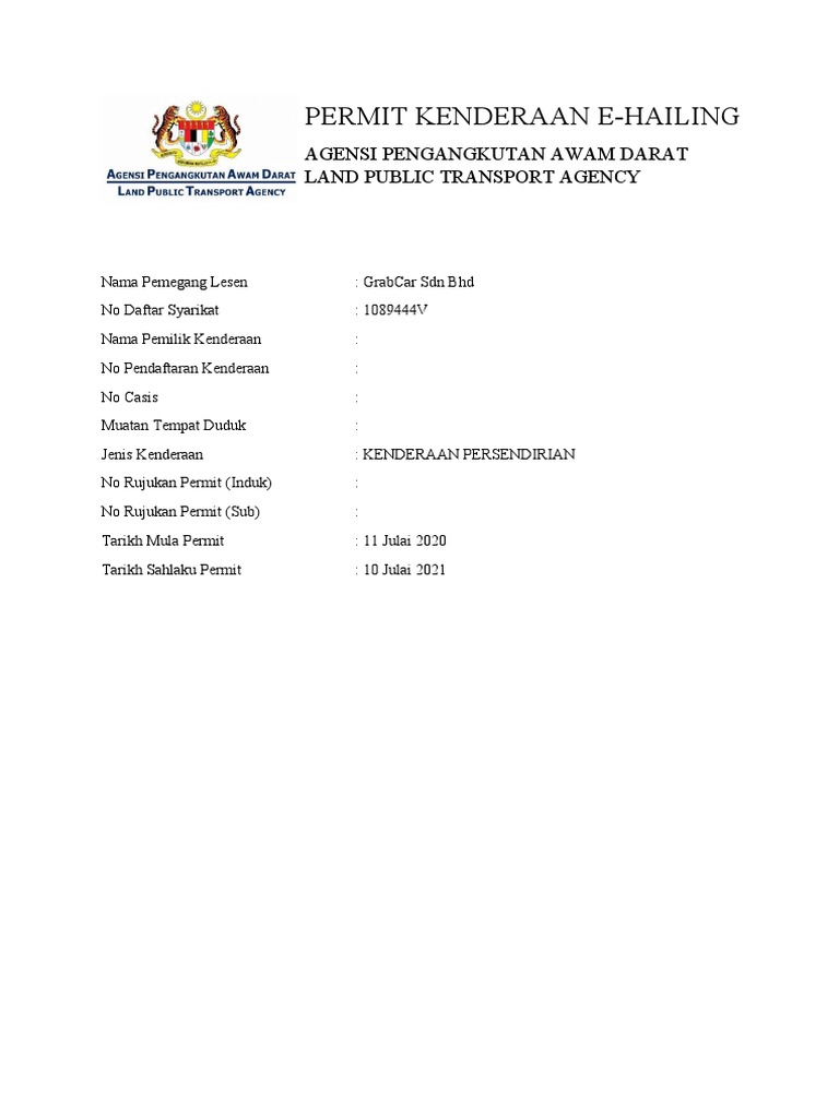 PERMIT KENDERAAN E-HAILING EVP Blank Template | PDF