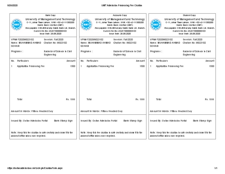 UMT Admission Processing Fee Challan | PDF | Business | Science