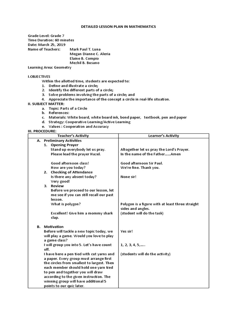 Grade 7 Circle Geometry Lesson Plan | PDF | Tangent | Diameter