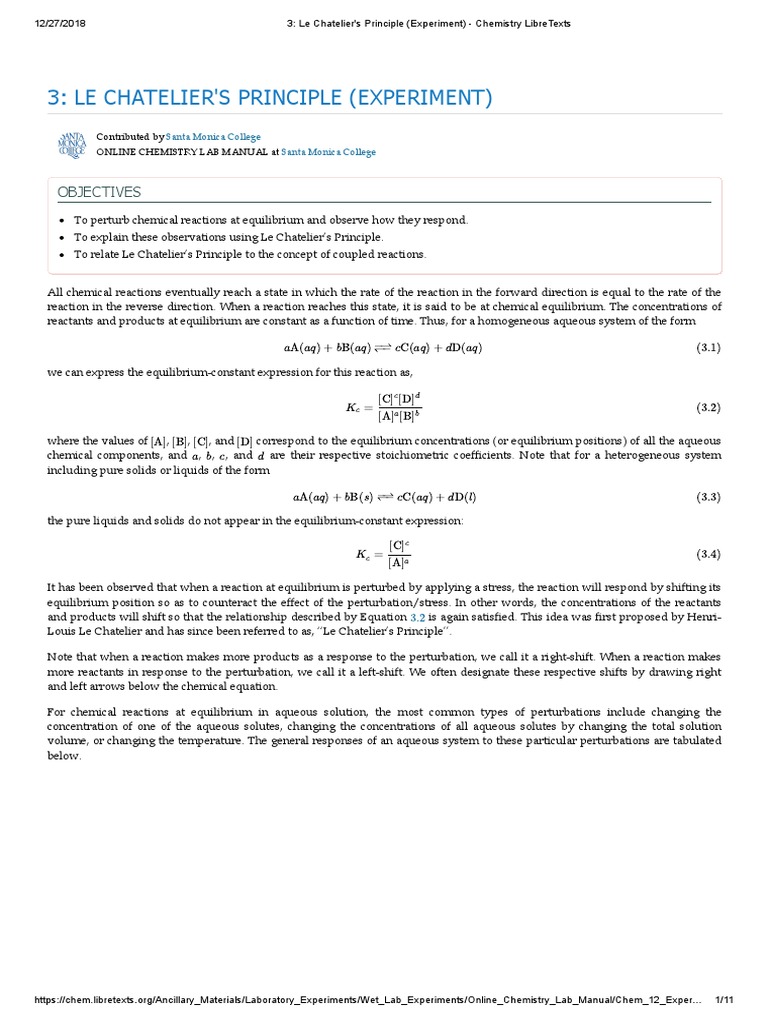 Le Chatelier's Principle Experiment Guide | PDF | Chemical Equilibrium ...