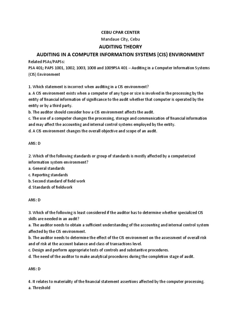 Auditing Theory Auditing in A Computer Information Systems (Cis) Environment | Download Free PDF ...