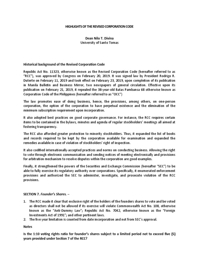 Highlights of The Revised Corporation Code | PDF | Corporations | Stocks