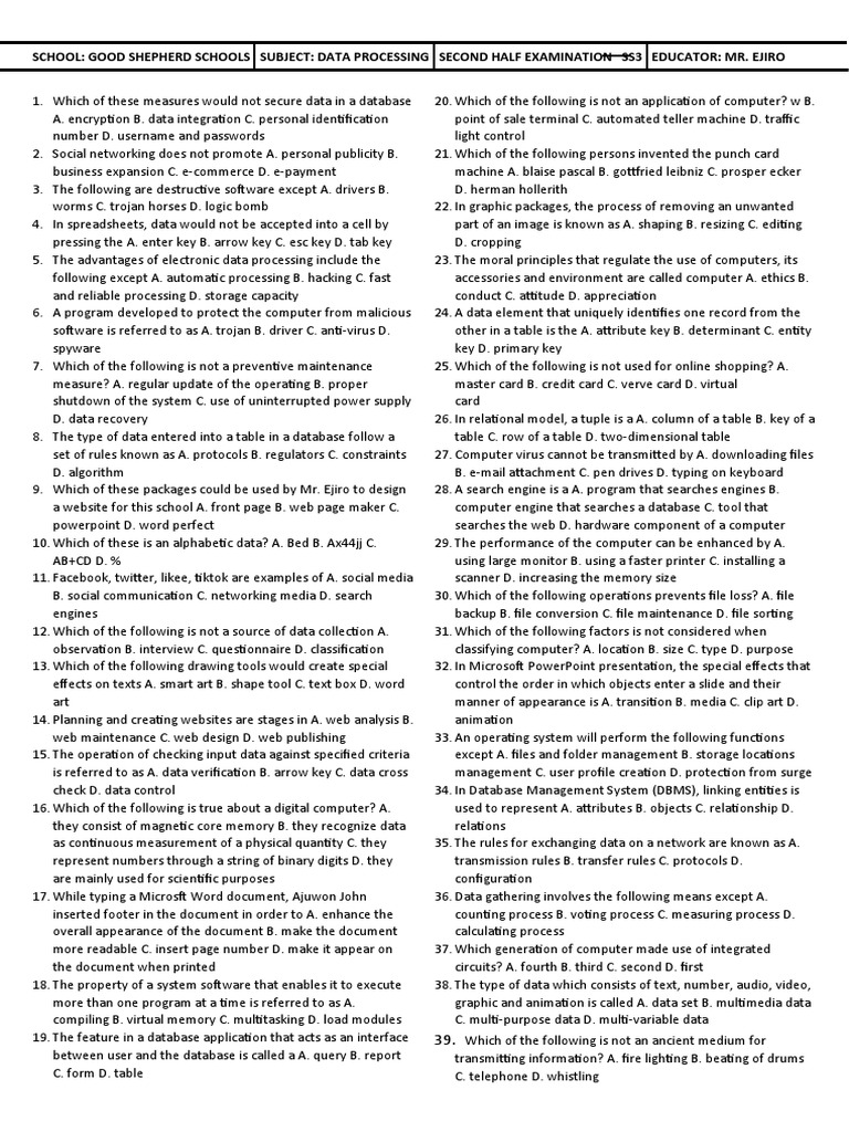 SS3 Data Processing Pre-WAEC Examination | PDF | C (Programming Language) | World Wide Web