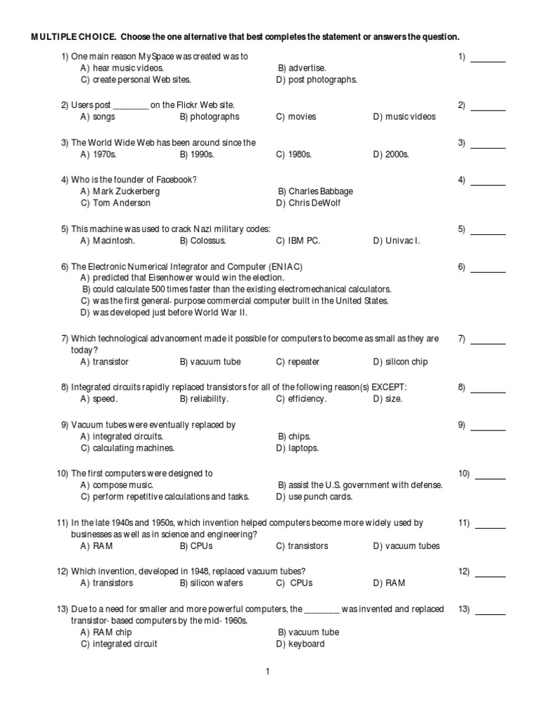 MULTIPLE CHOICE. Choose The One Alternative That Best Completes The ...