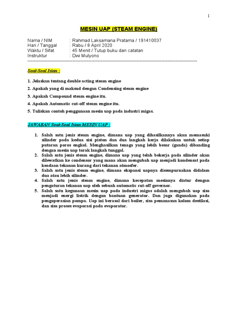 Jawaban Soal Mesin Uap - Rahmad Laksamana Pratama - 191410037 - PRD1A ...