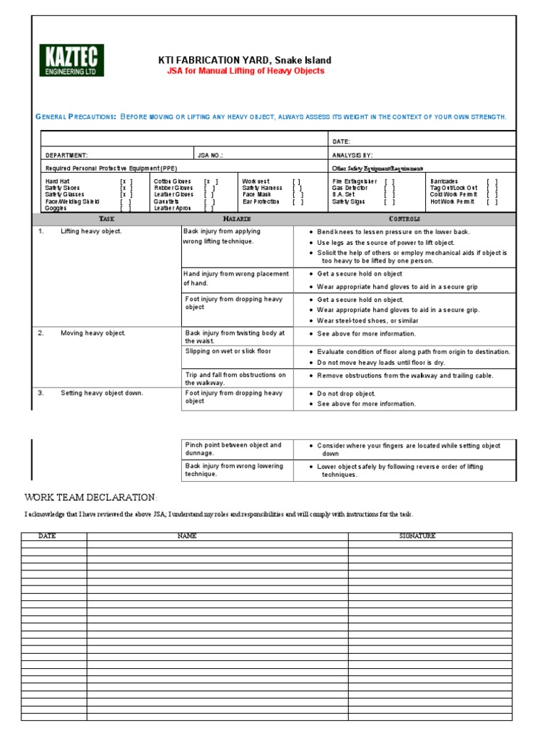 Jsa For Manual Lifting of Objects | PDF | Personal Protective Equipment ...