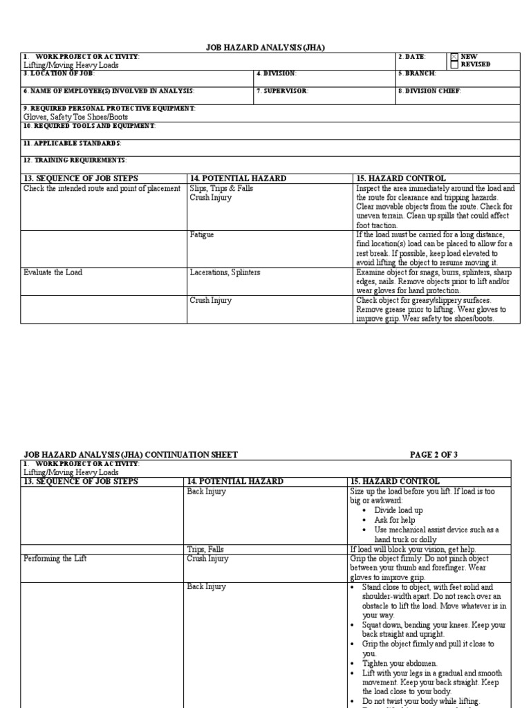 JHA Lifting-Moving Heavy Objects | PDF | Personal Protective Equipment ...