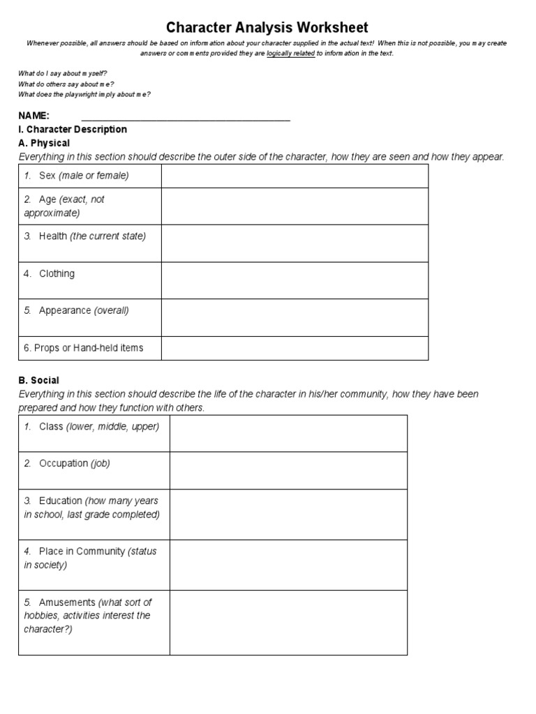 Night Character Analysis Worksheet Answers