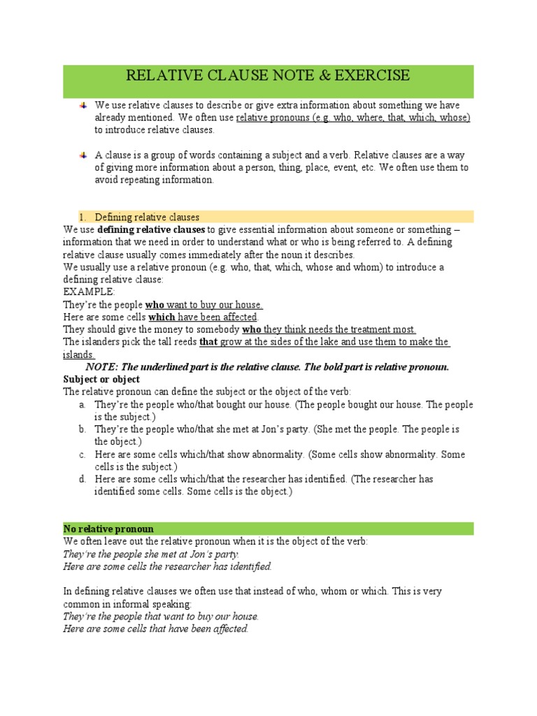 Relative Clause Note | PDF | Clause | Subject (Grammar)