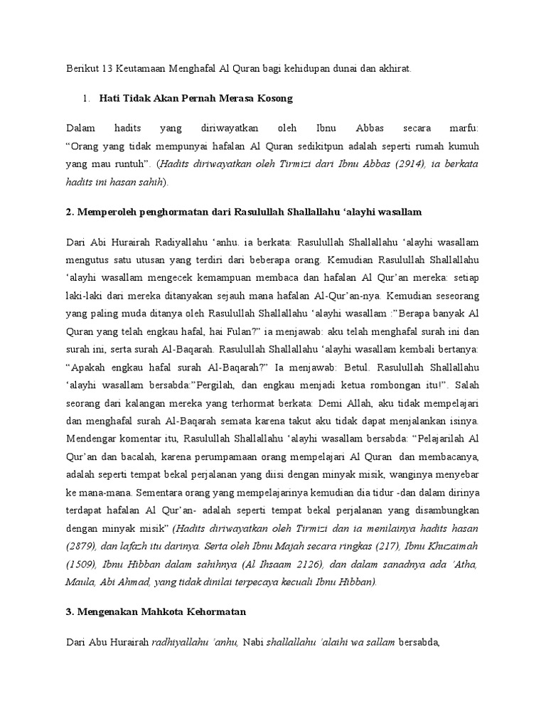 MEMPELAJARI DAN MENGAJARKAN AL-QURAN MENJADI SUMBER KEUTAMAAN DAN KESEJAHTERAAN | PDF