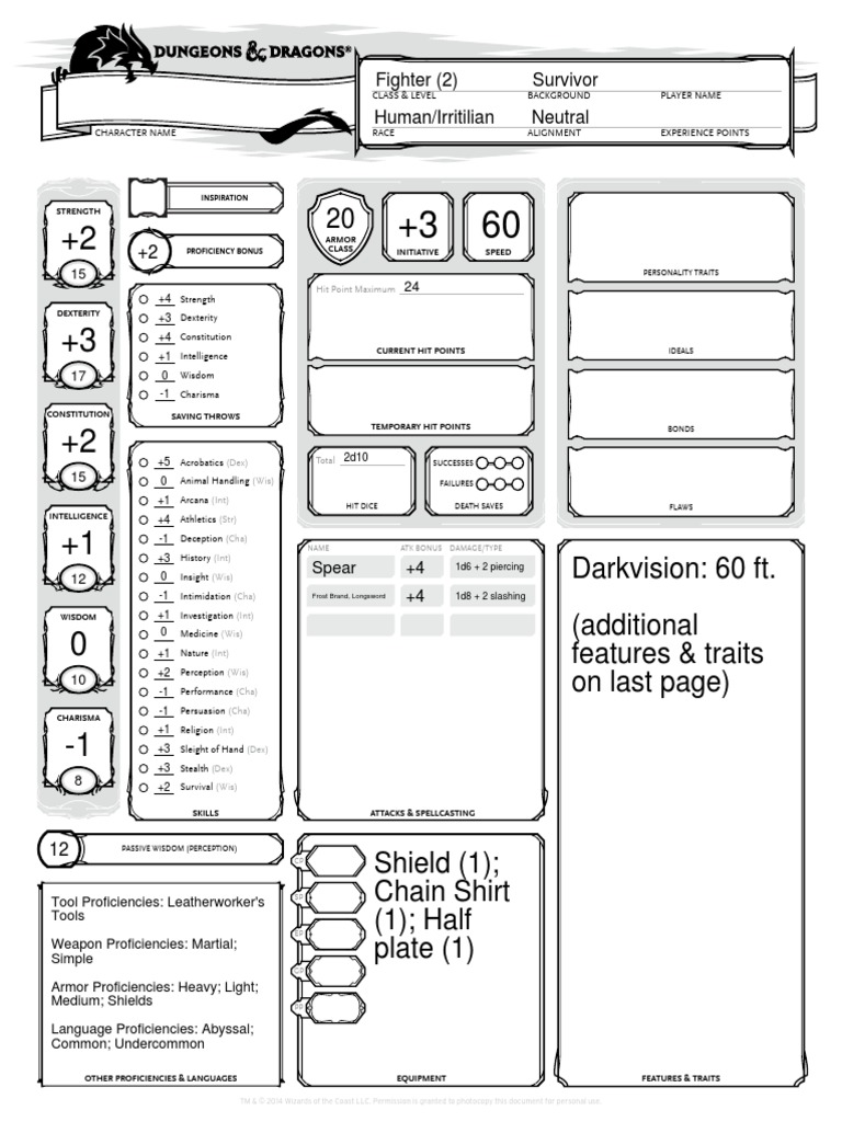 Darkvision: 60 Ft. (Additional Features & Traits On Last Page) | PDF ...