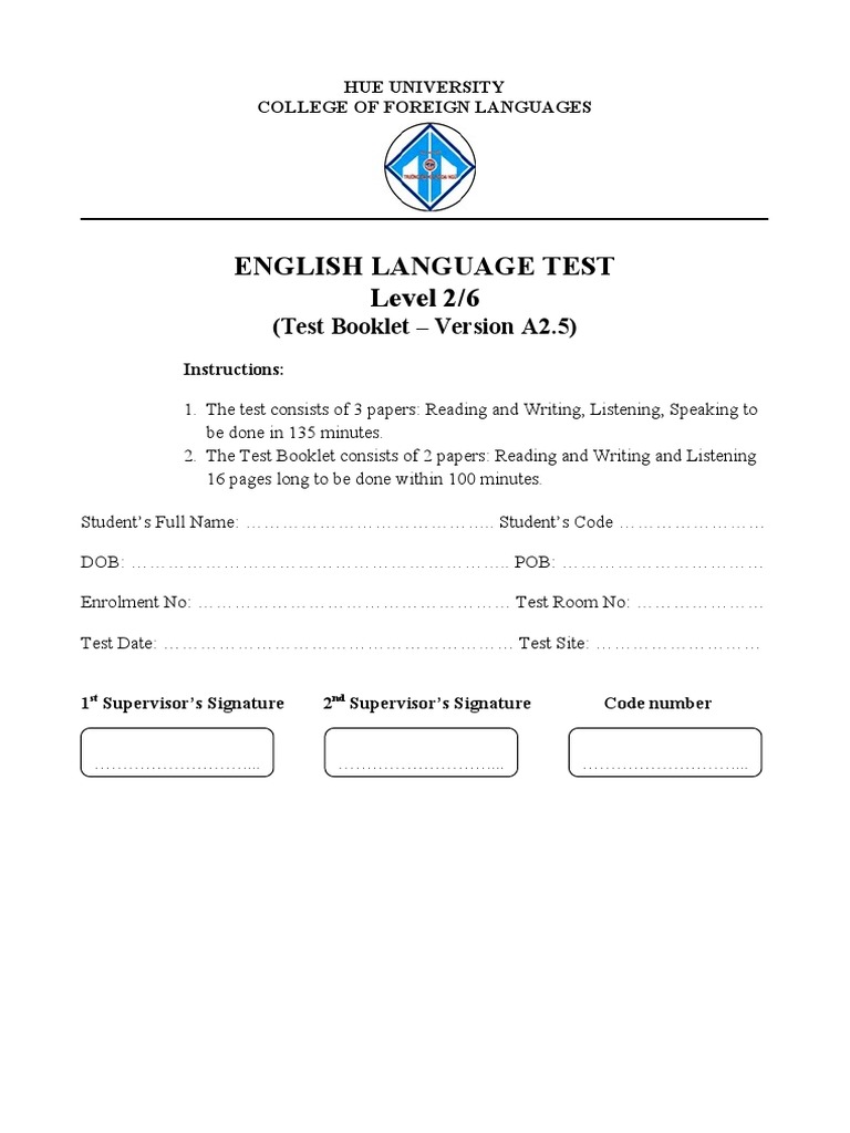 English Language Test Level 2/6: (Test Booklet - Version A2.5) | PDF ...