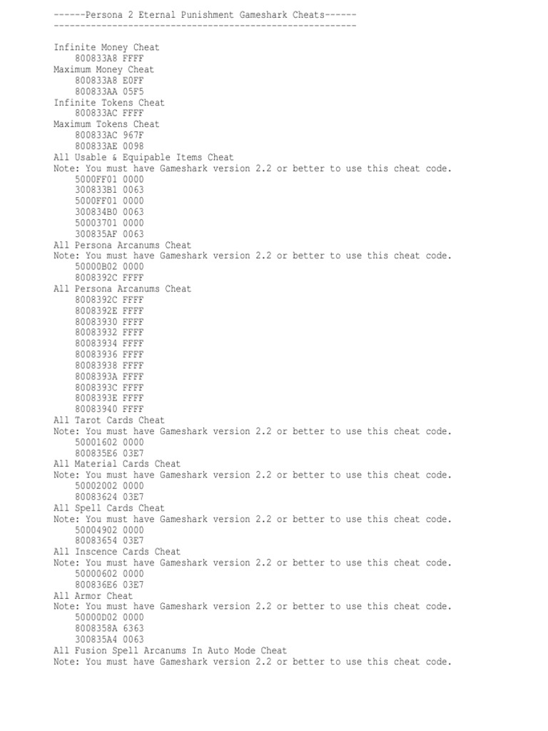 Persona 2 EP Gameshark Lengkap | PDF | Leisure | Computer Art