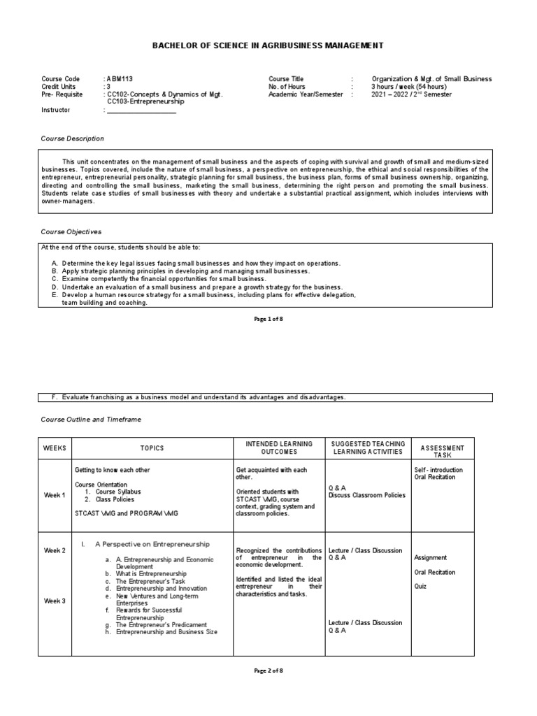 Organization & Management of Small Business | PDF | Entrepreneurship ...