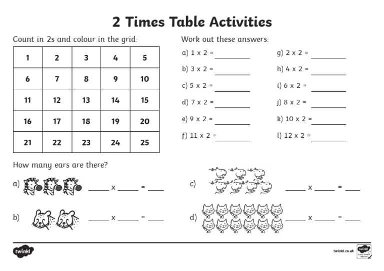 2 Times Table Activities: Count in 2s and Colour in The Grid: Work Out ...