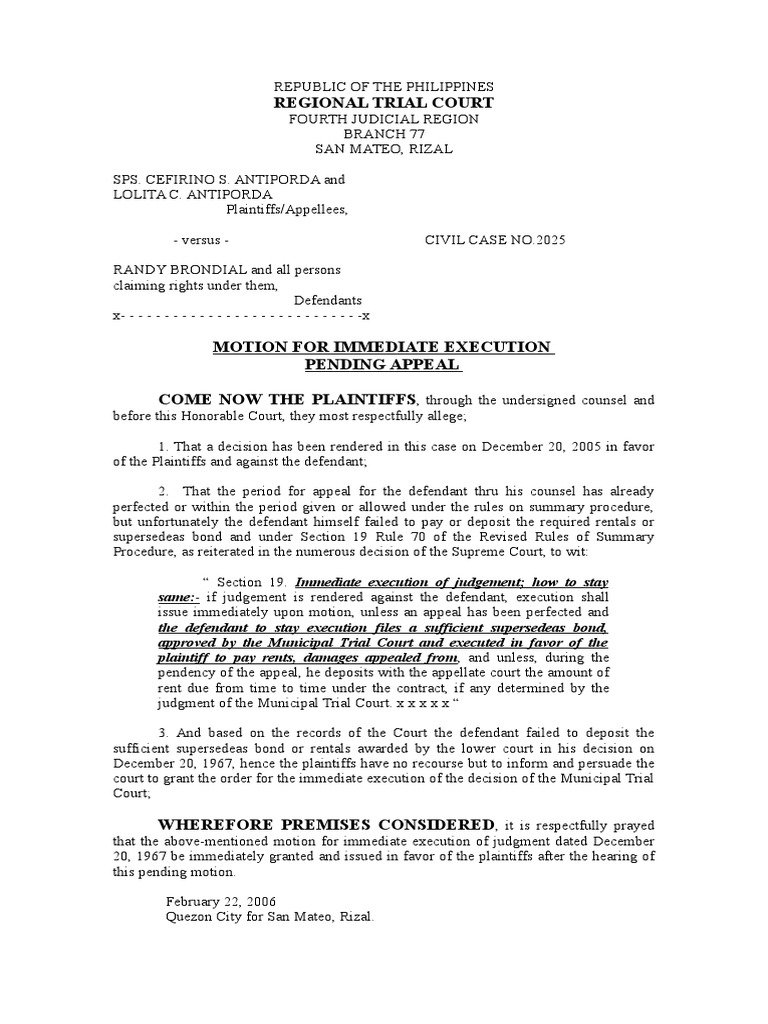 Motion For Execution Pending Appeal | PDF | Supersedeas Bond | Judgment (Law)
