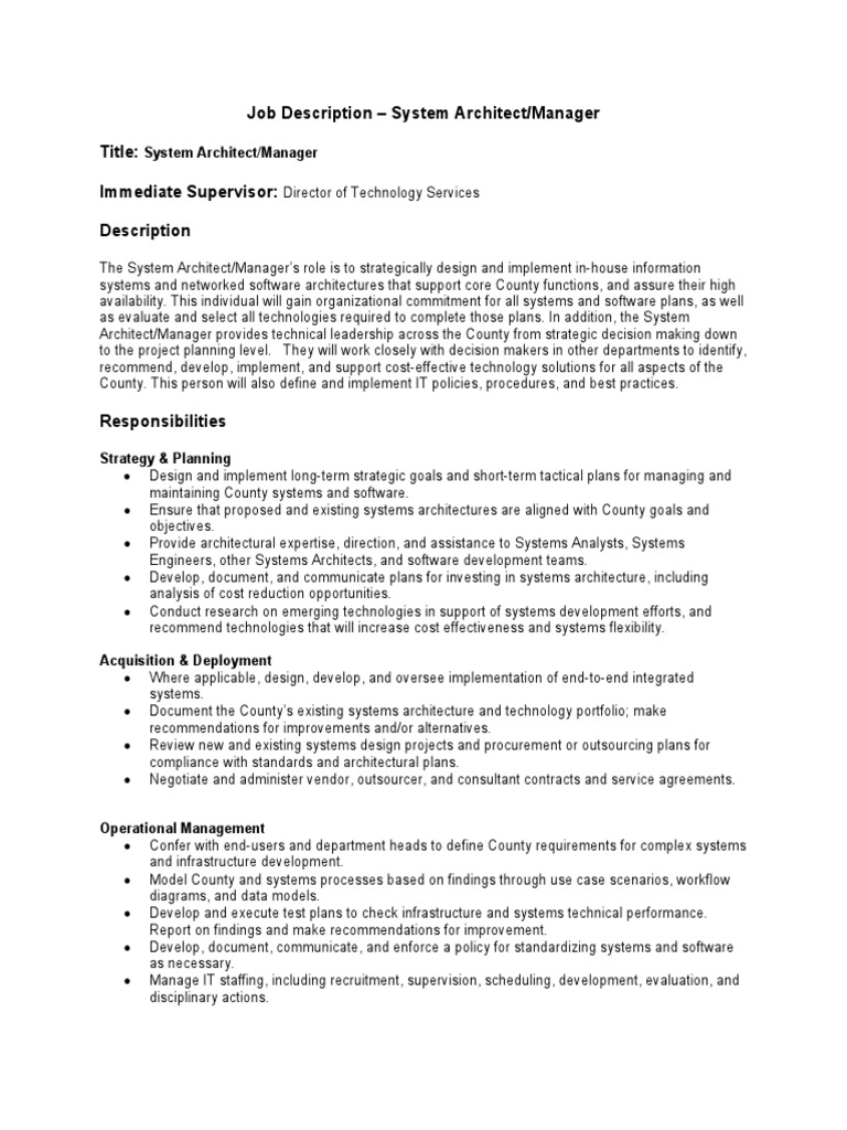 Job Description - System Architect/Manager Title: Immediate Supervisor ...