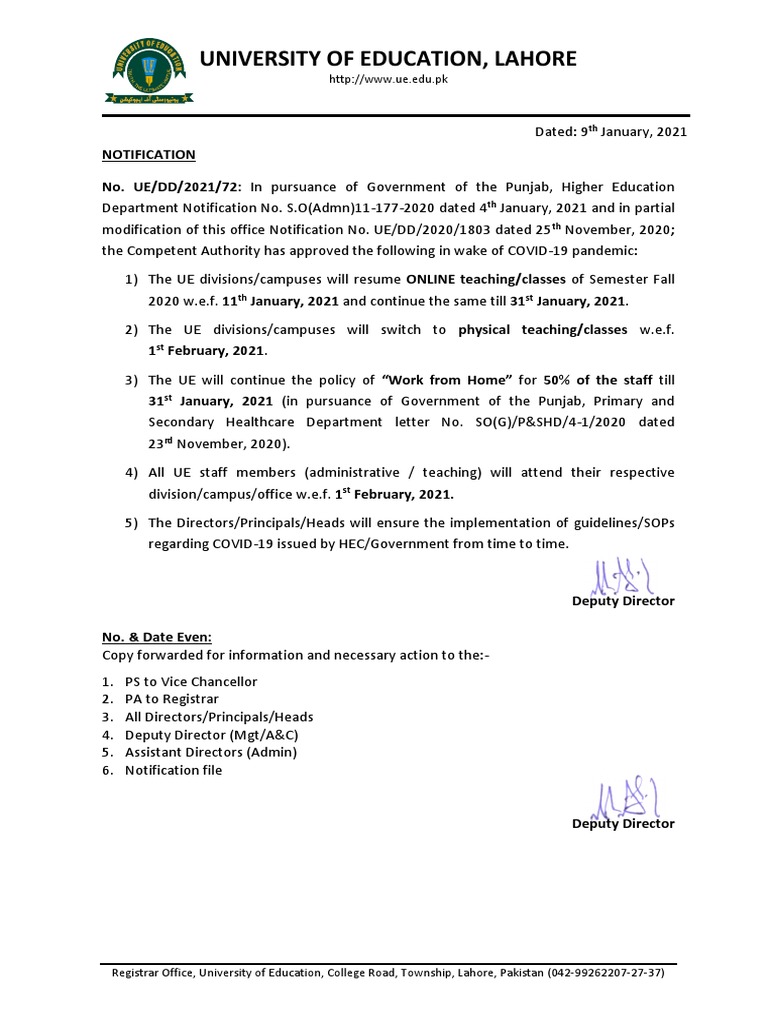 11-Notification ONLINE Classes - Physical Classes - 50% Staff - No. 72 ...
