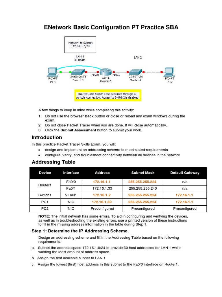 ENetwork Basic Configuration PT Practice SBA | PDF | Ip Address | Computer Network