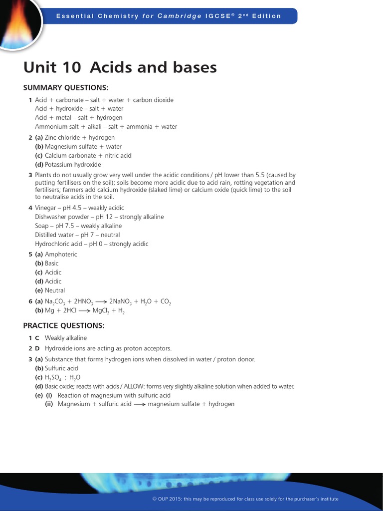 Unit 10 Acids and Bases: Summary Questions | PDF | Hydroxide | Acid