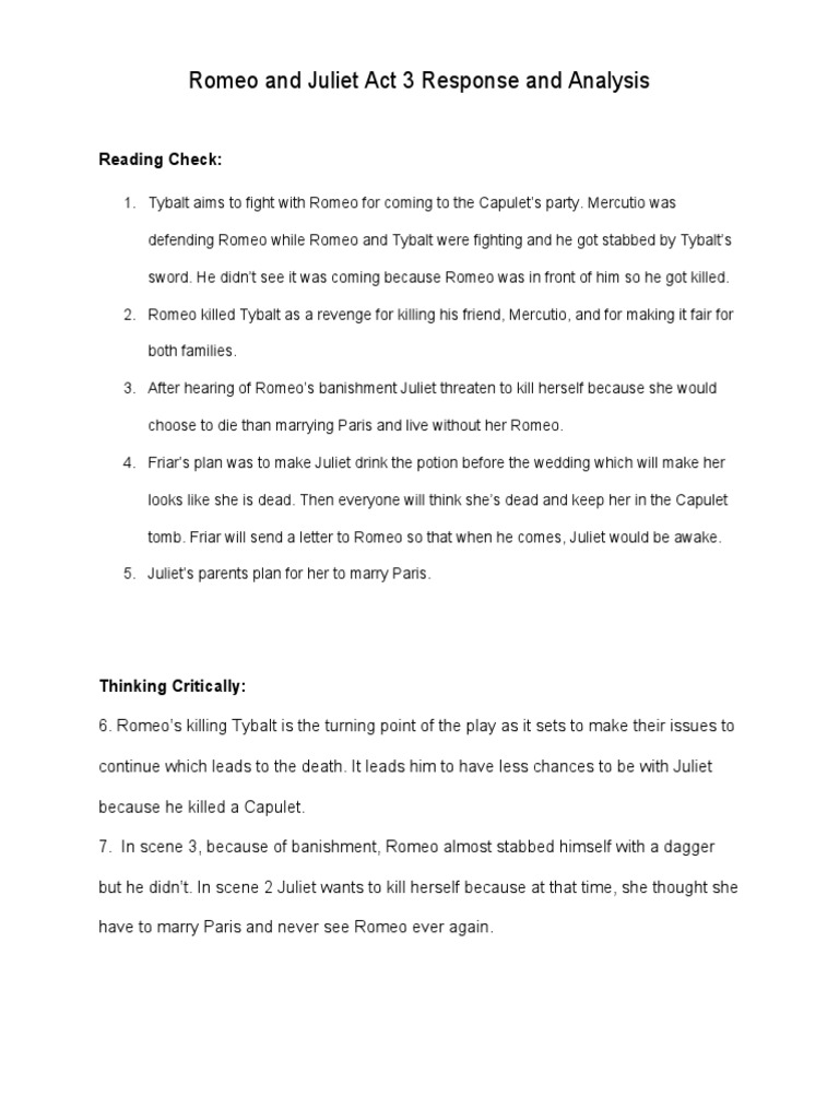 Romeo and Juliet Act III Respnse and Analysis | PDF | Characters In ...