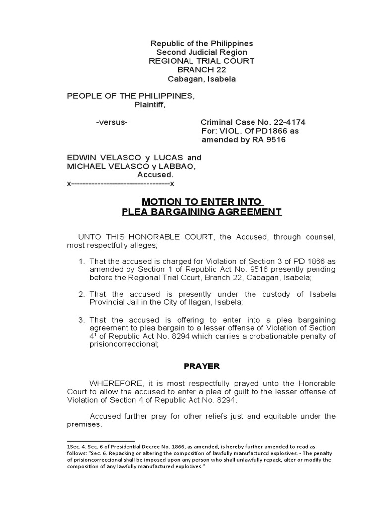 Motion To Enter Into Plea Bargaining Agreement: Prayer | PDF | Plea ...