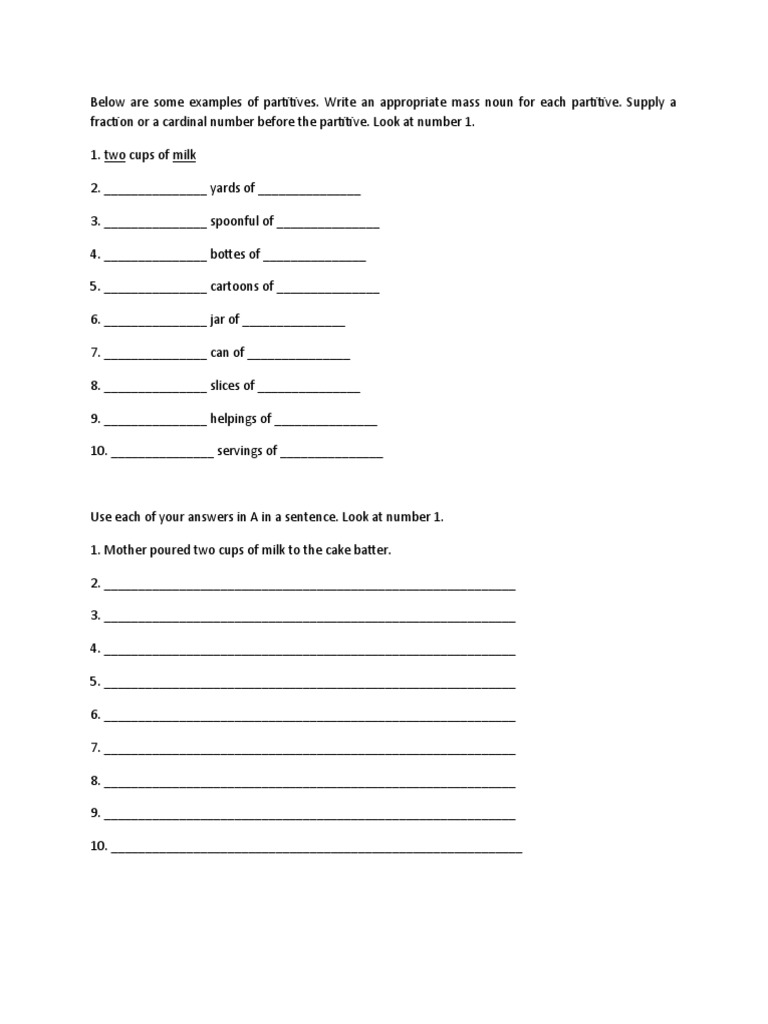 Mass Noun Partitives Worksheet | PDF