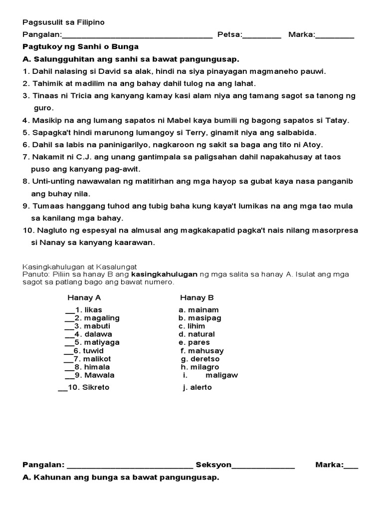 Pagsusulit Sa Filipino g7 Sanhi at Bunga, Kasingkahulugan-Kasalungat | PDF