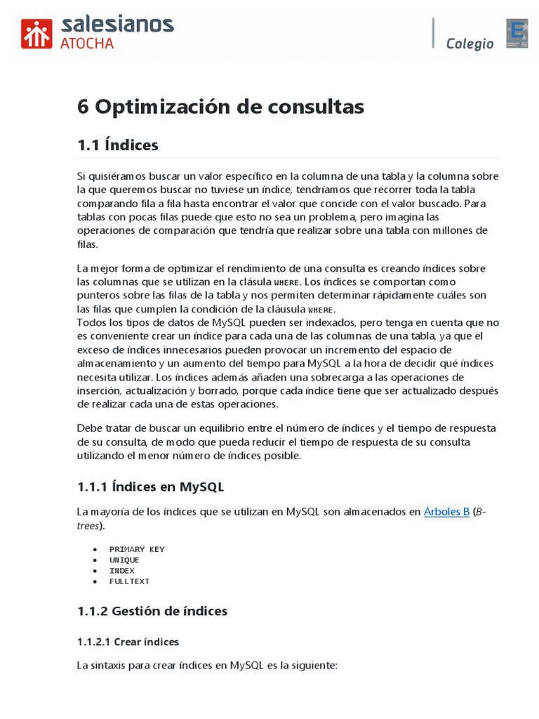 Tema6 - Optimización Consultas | Descargar gratis PDF | Mi sql | Puntero (Programación de ...