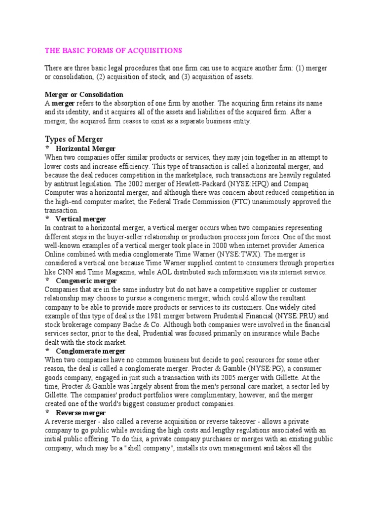Basic Forms of Business Acquisitions | PDF | Takeover | Mergers And ...