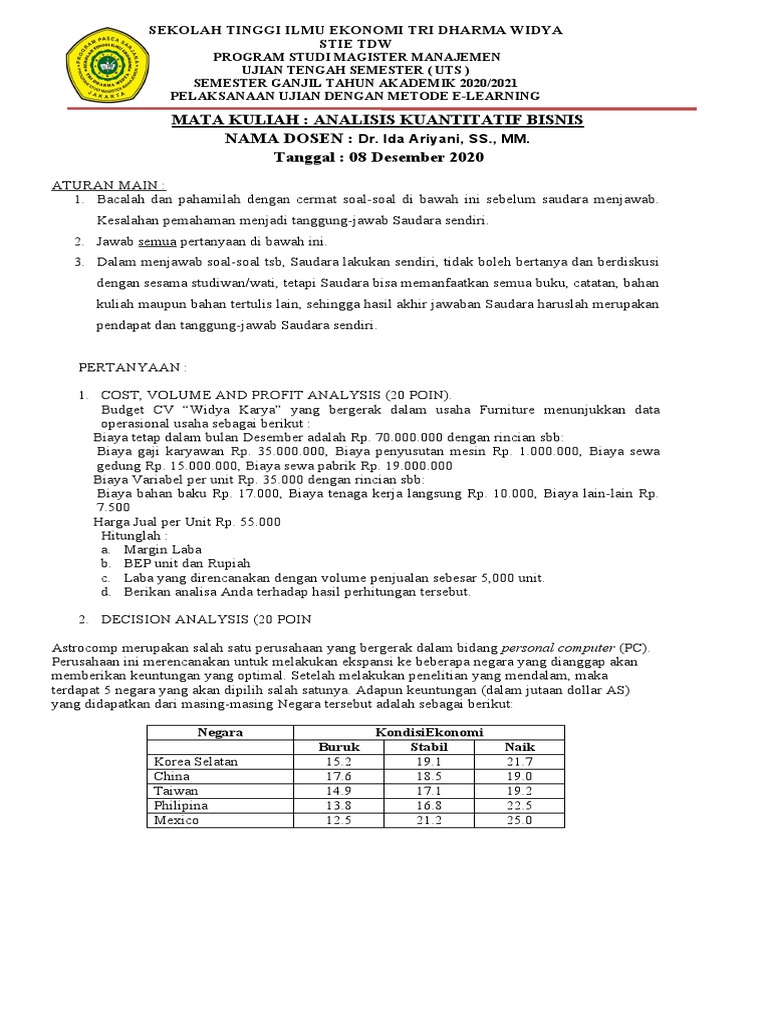 UTS Analisis Kuantitatif Bisnis | PDF | Pengelolaan Keuangan & Uang | Komputer