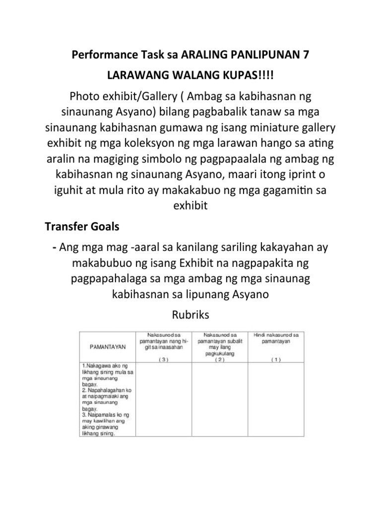 Performance Task Sa ARALING PANLIPUNAN 7 Larawang Walang Kupas!!!! | PDF