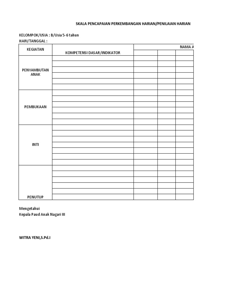 Format Penilaian Harian Paud | PDF