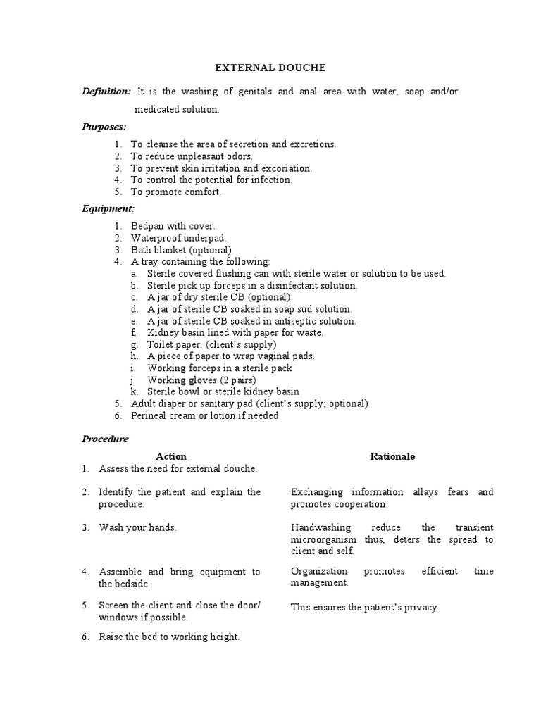 External Douche Procedure Guide | PDF | Glove | Hand Washing