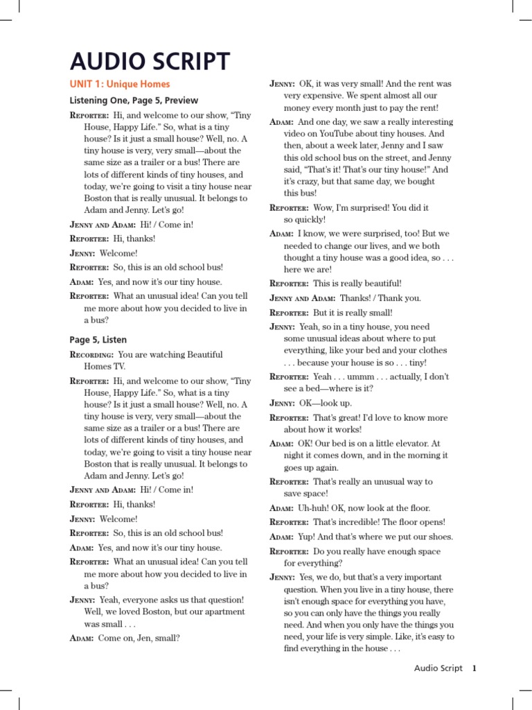 Audio Script: UNIT 1: Unique Homes | PDF | Quilt | Dream