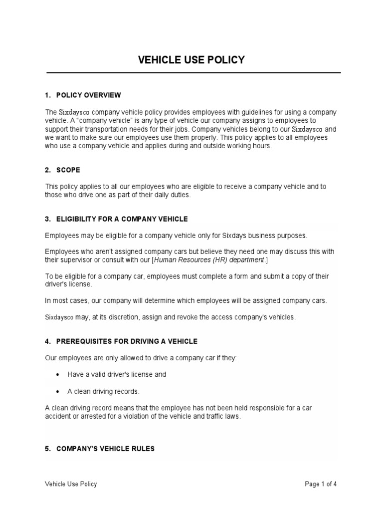 Vehicle Use Policy: Sixdaysco Sixdaysco | PDF | Driving | Driving Under ...