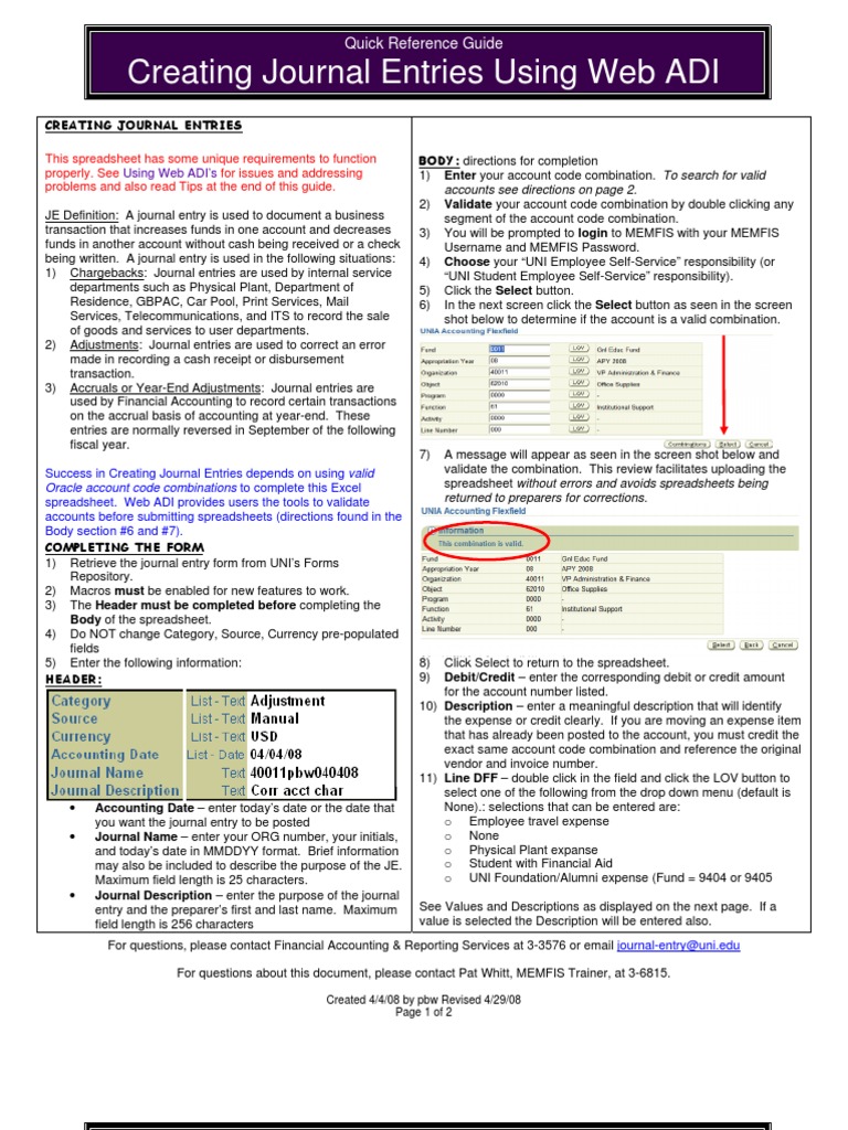 Creating Journal Entries Using Web ADI: Quick Reference Guide | PDF ...