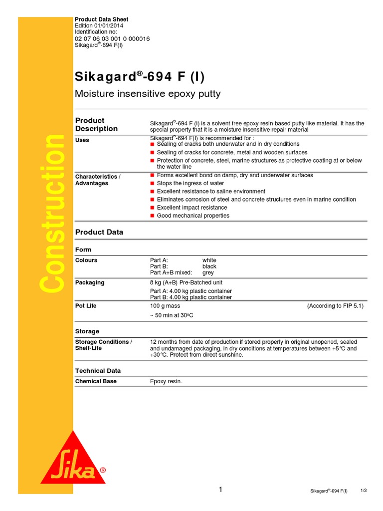 Sikagard - 694 F (I) : Moisture Insensitive Epoxy Putty | PDF | Epoxy ...