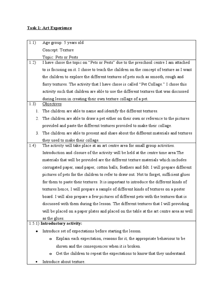 Task 1 Art Experience Lesson Plan | PDF | Collage | Human Nature